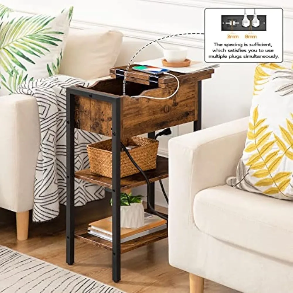 Side Table with Charging Station, USB Ports, and Shelves for Small ...