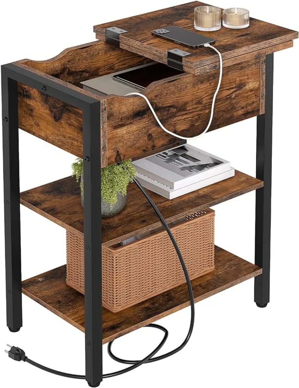 Side Table with Charging Station, USB Ports, and Shelves for Small ...