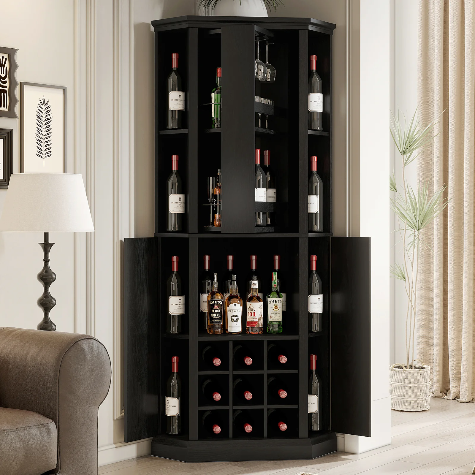 Rotating Corner Wine Cabinet with Cup Holders, Farmhouse Style - Cave ...