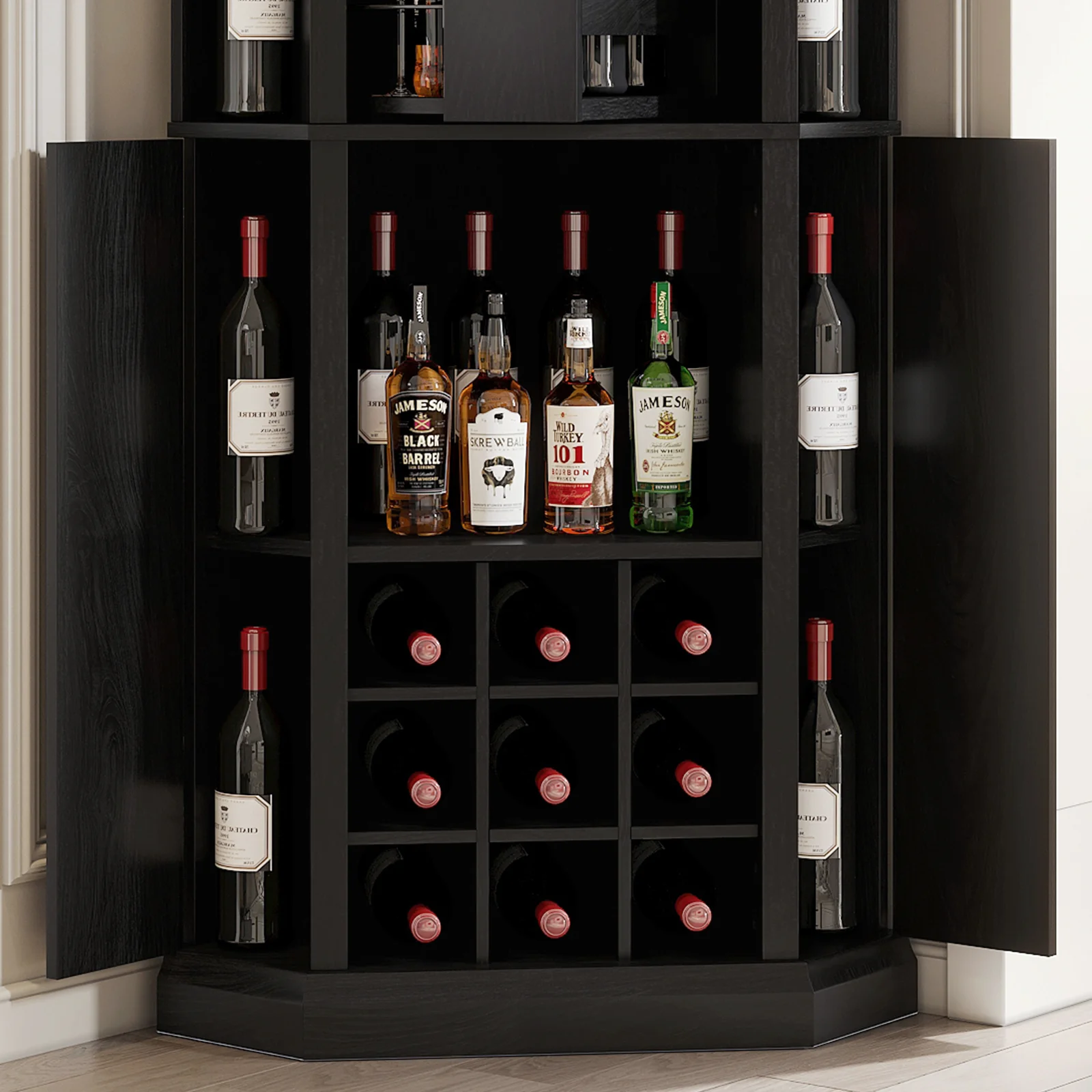 Rotating Corner Wine Cabinet with Cup Holders, Farmhouse Style - Cave ...
