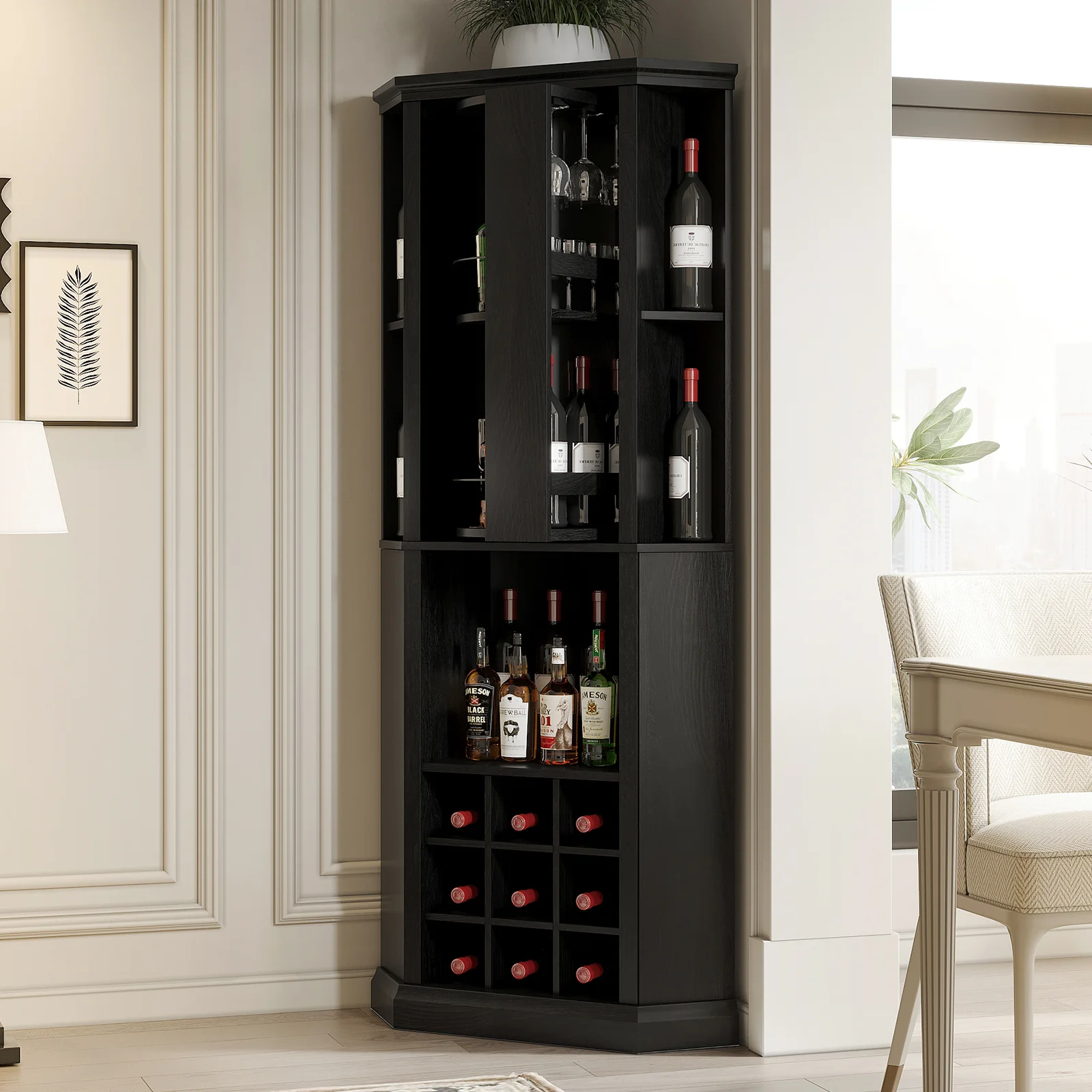 Rotating Corner Wine Cabinet with Cup Holders, Farmhouse Style - Cave ...