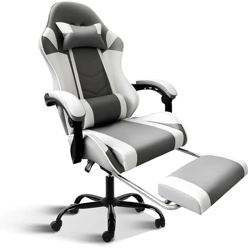 White Racing Style Gaming Chair with Footrest, Ergonomic Adjustable ...