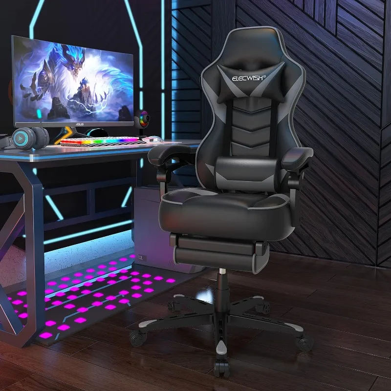 Ergonomic Gaming Chair with Footrest, PU Leather, Padded Armrests ...