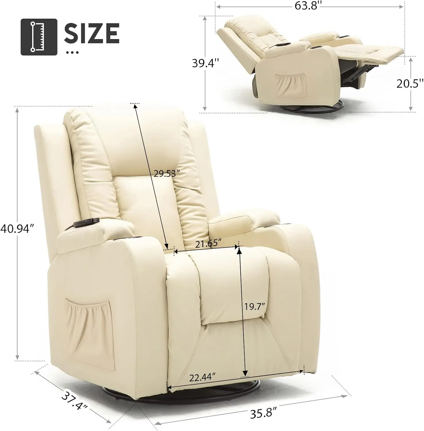 Heated Massage Recliner with Drink Holders, 360 Swivel Lounge Chair ...