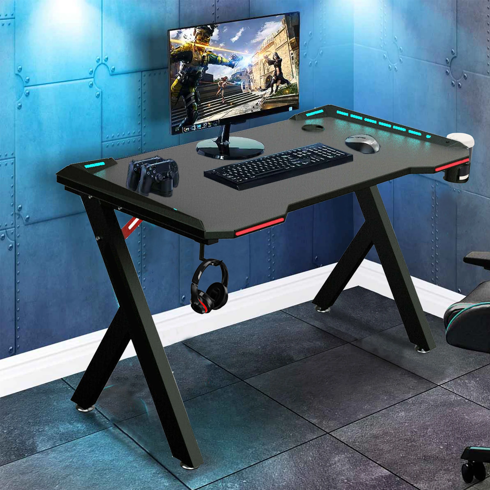 Ergonomic Gaming Desk Workstation w LED Lights - Cave Supplies