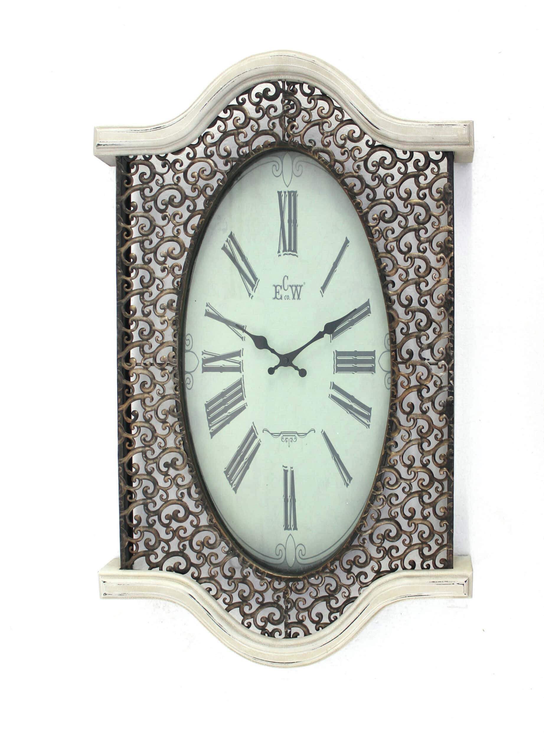 White Wash Vintage Wall Clock with Roman Numerals and Metalwork - Cave ...