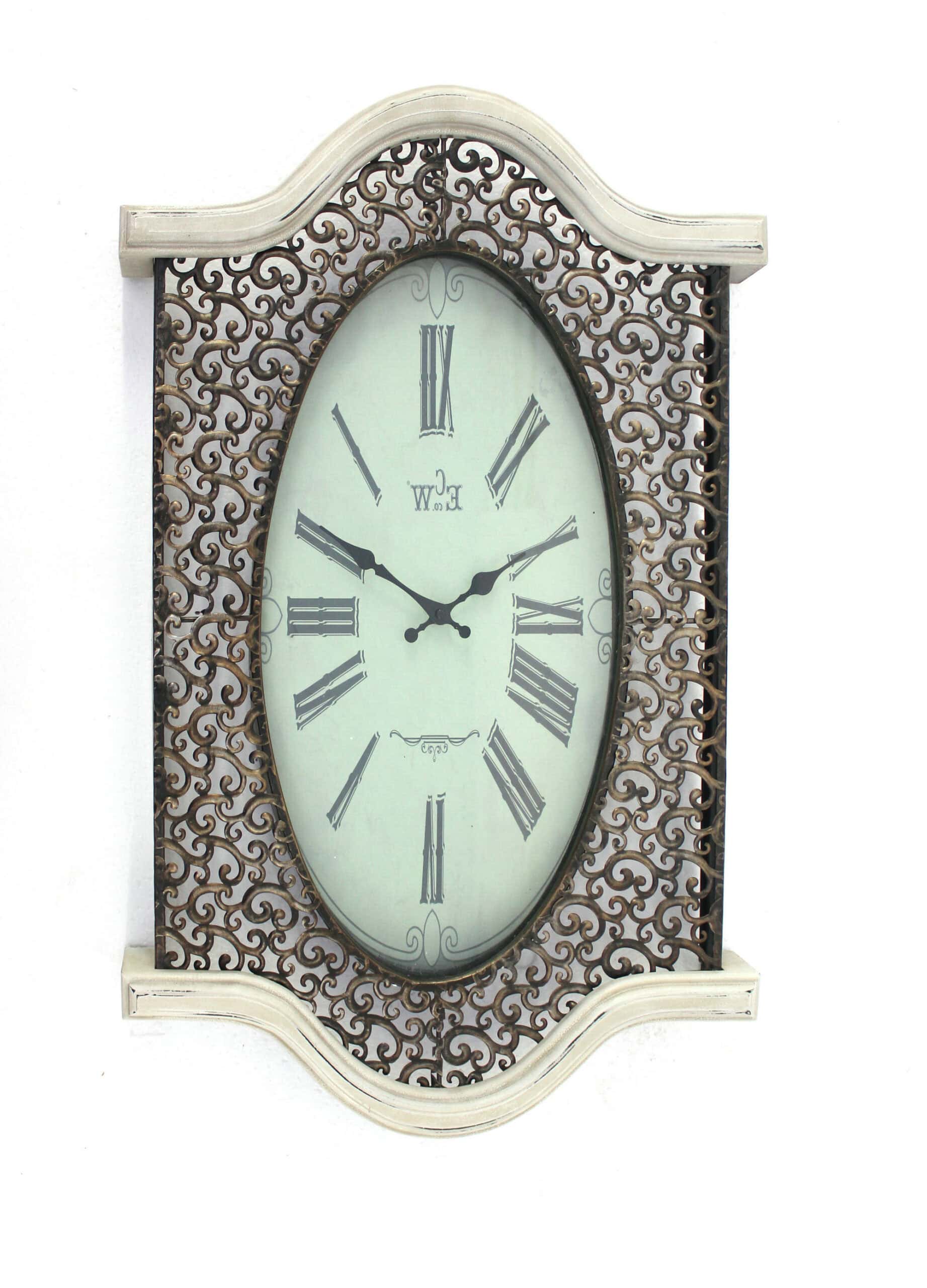 White Wash Vintage Wall Clock with Roman Numerals and Metalwork - Cave ...