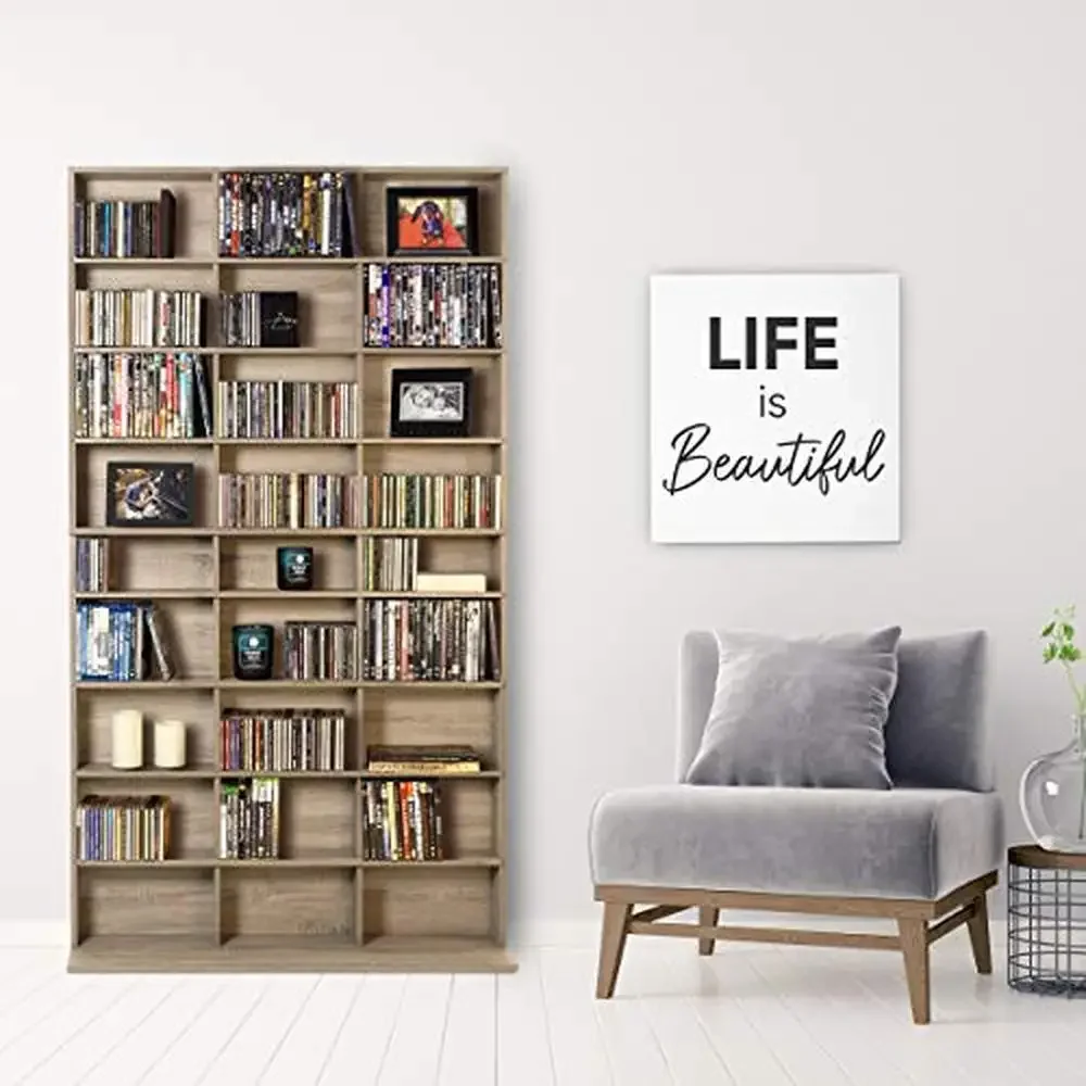 Weathered Oak Tall Media Storage Cabinet Sturdy Rectangular Design ...