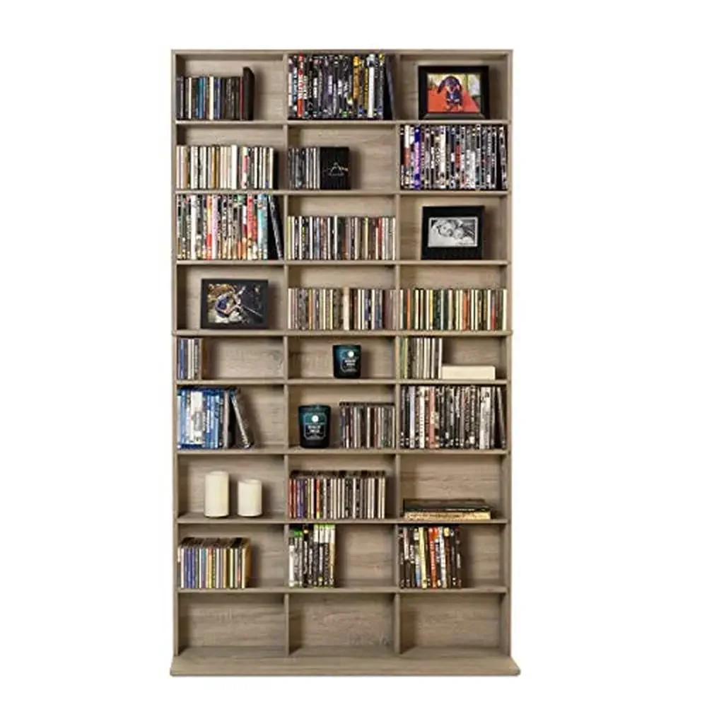 Weathered Oak Tall Media Storage Cabinet Sturdy Rectangular Design ...