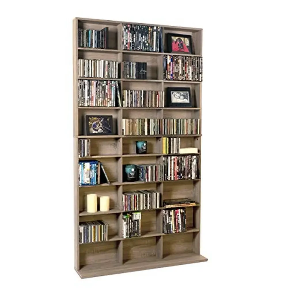 Weathered Oak Tall Media Storage Cabinet Sturdy Rectangular Design ...