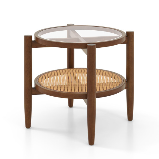 Round Rattan Side Table with Glass Top and Storage - Cave Supplies