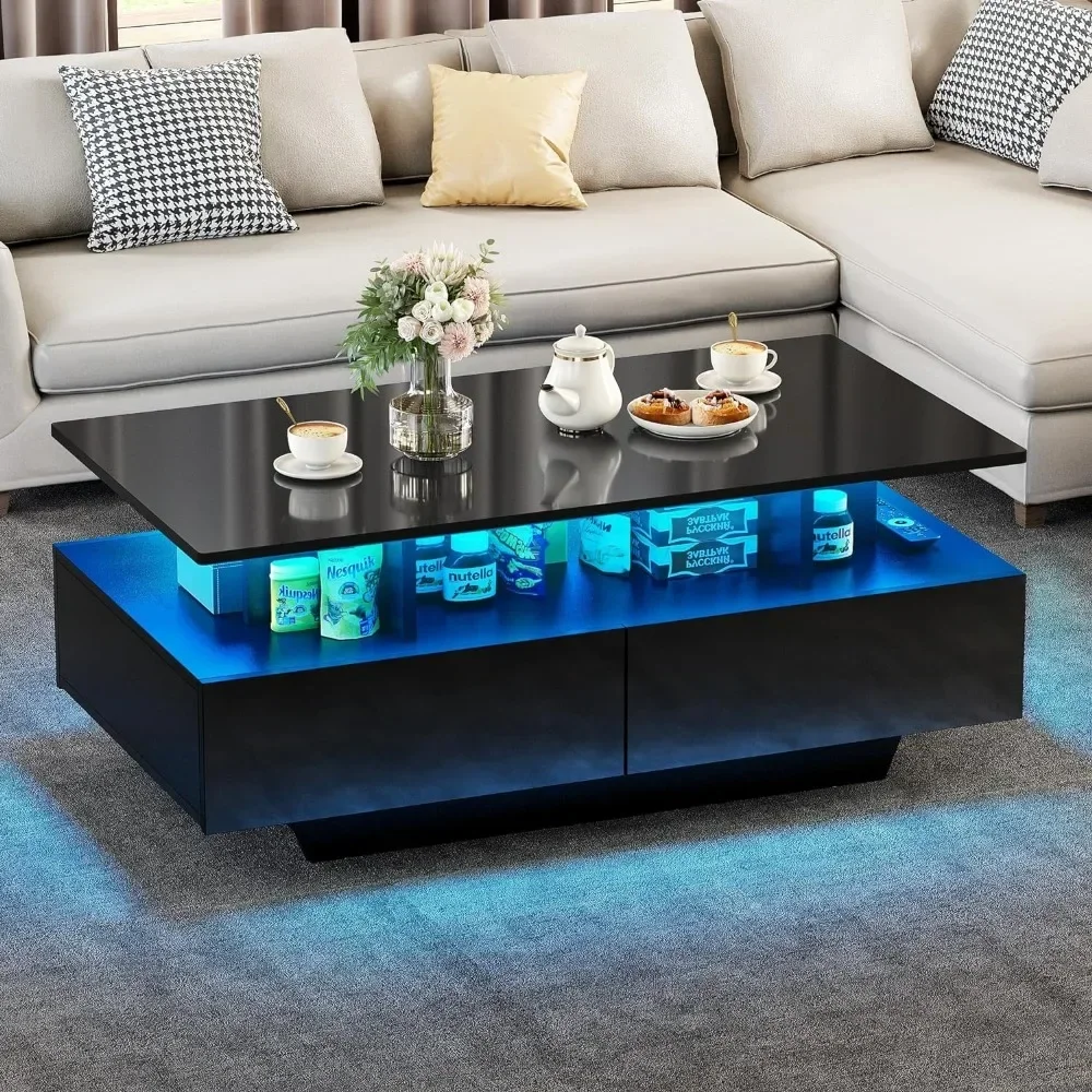 Black High Gloss Coffee Table with LED and Storage - Cave Supplies