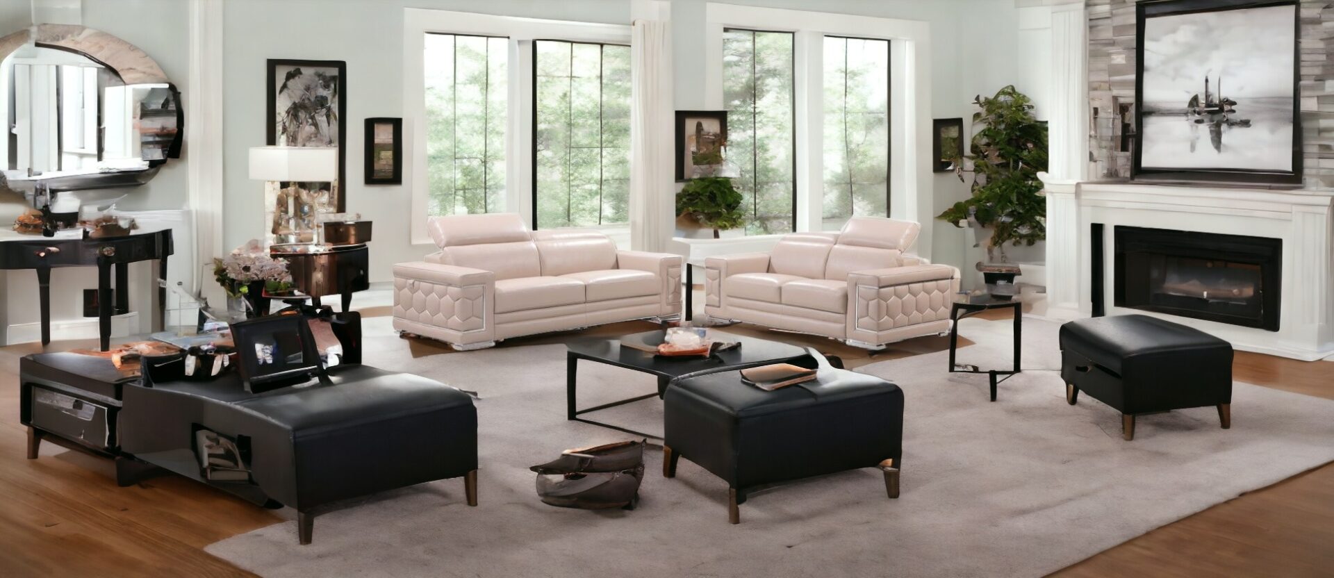 Italian Beige Leather 5-Person Seating Set with Loveseat, 2-Piece ...