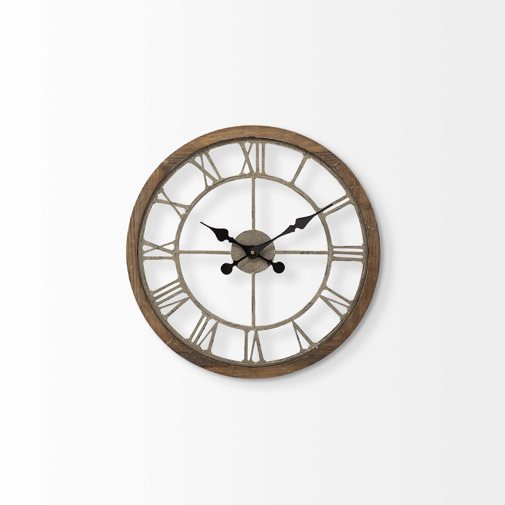 19 Inch Whitewash Brown Modern Farmhouse Round Wall Clock - Cave Supplies