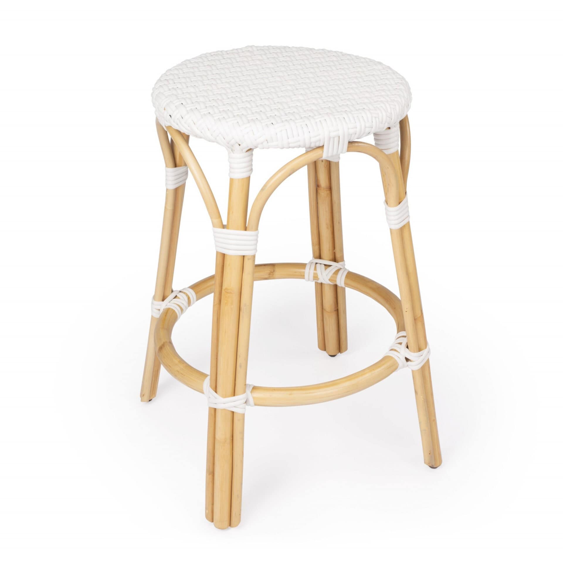 24 Inch White and Natural Rattan Backless Counter Bar Stool - Cave Supplies