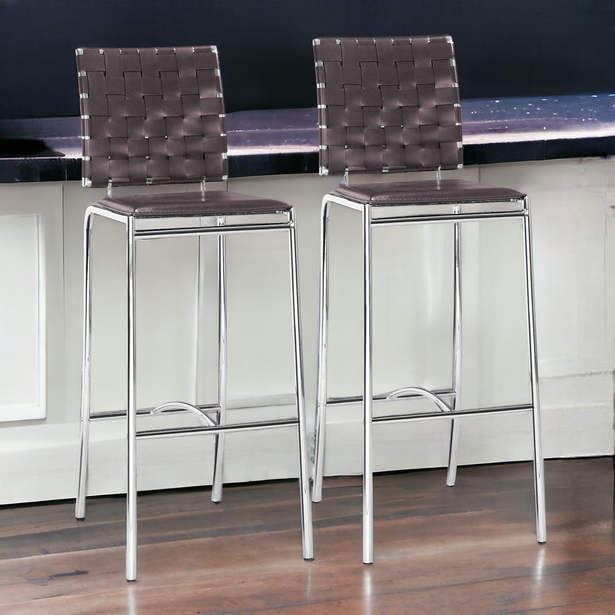 29 Inch Espresso and Silver Steel Bar Stools (Set of 2) - Cave Supplies