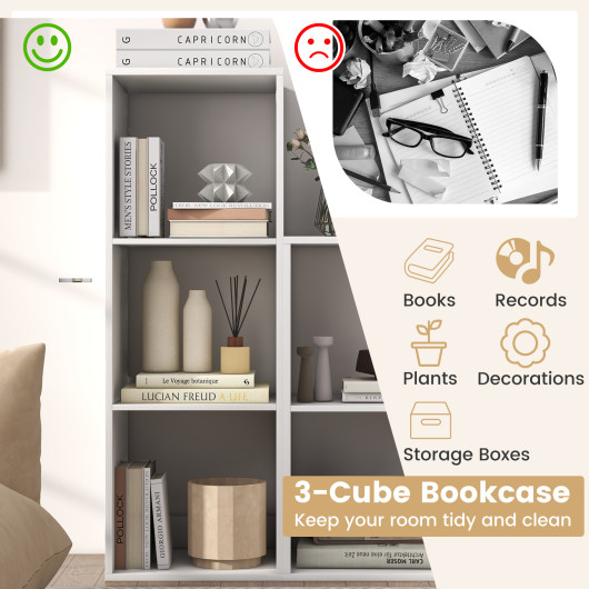 3 Cube White Bookshelf with Back Guardrail for Living Room - Cave Supplies