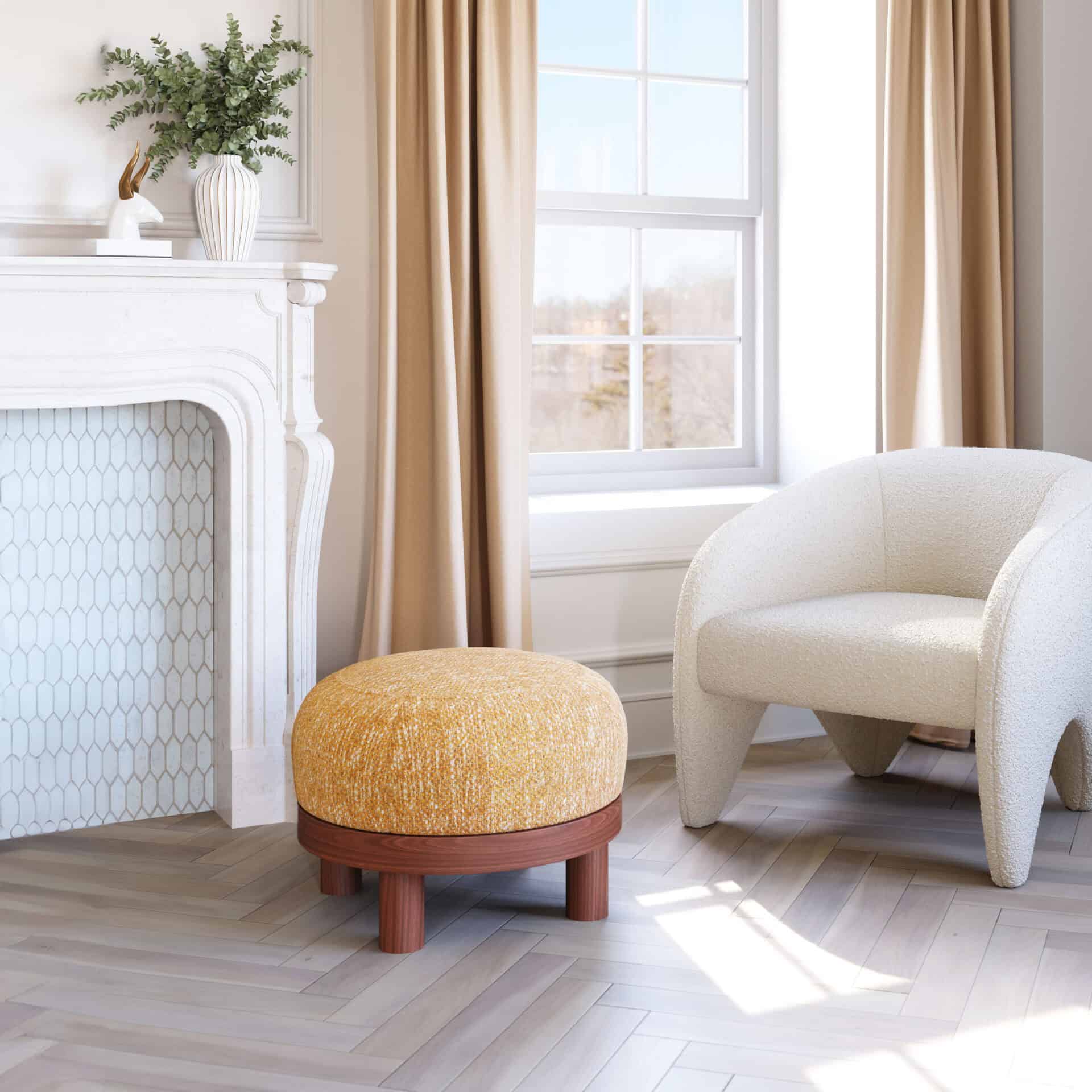 Yellow Ottoman with Solid Wood Frame and Rubberwood Legs - Cave Supplies