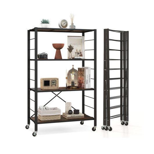 4 Tier Foldable Metal Storage Shelf with Wheels Black - Cave Supplies