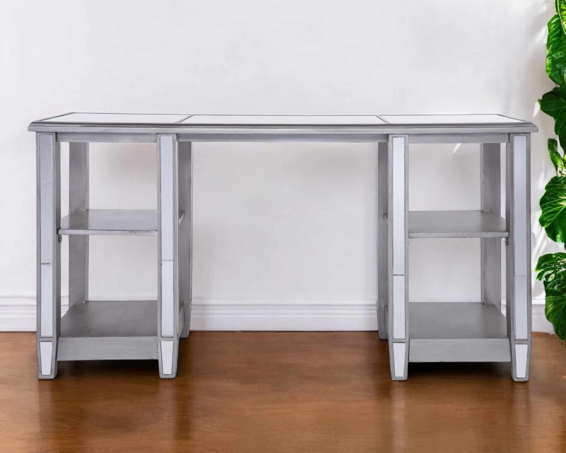 Silver Mirrored Desk with Shelves and Sleek Modern Design - Cave Supplies