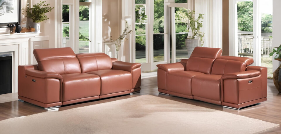 Two Piece Italian Leather Reclining Sofa and Loveseat Seating Set ...