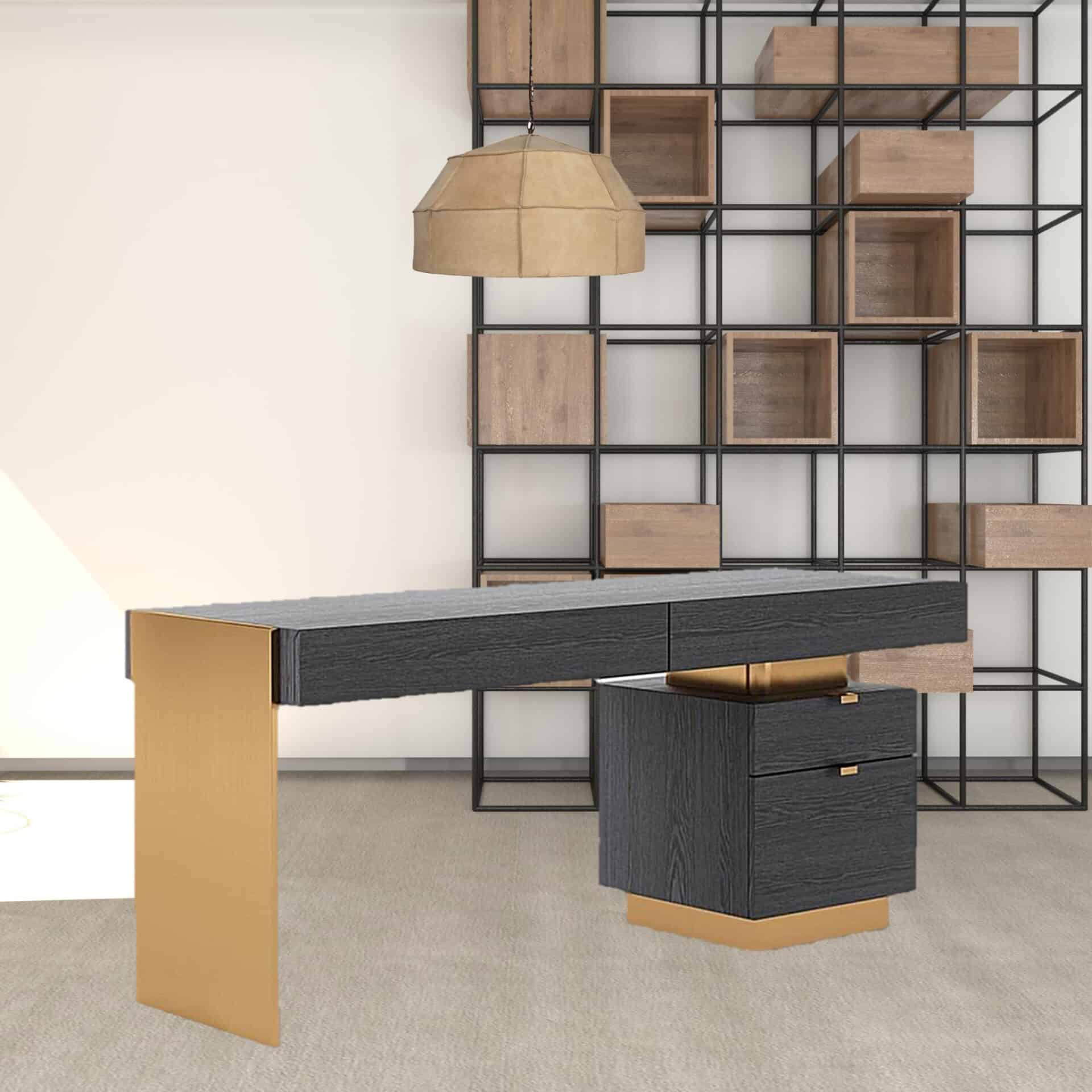 Gray and Gold Writing Desk with Four Drawers and Sled Base - Cave Supplies