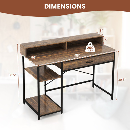 Rustic Brown 48 Inch Desk with Monitor Stand and Shelves - Cave Supplies