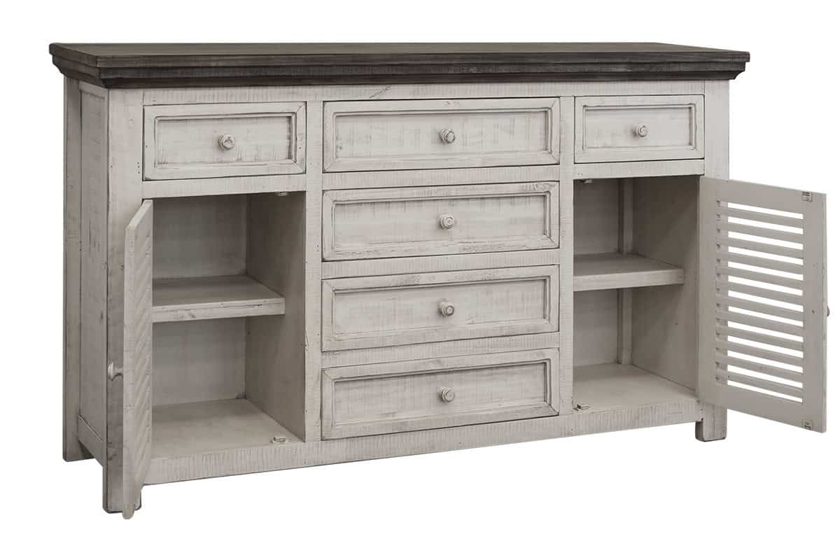 Distressed Antiqued White Buffet Table with Storage and Shelving - Cave ...