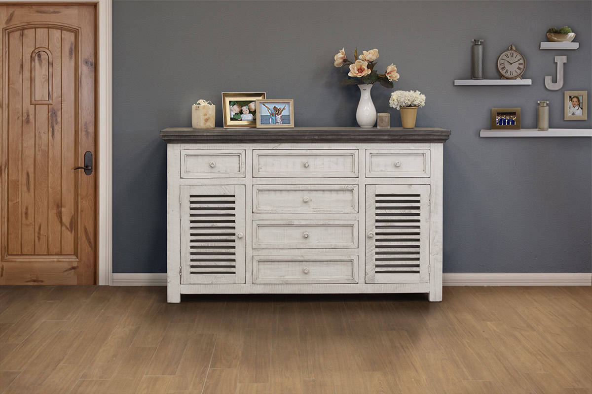 Distressed Antiqued White Buffet Table with Storage and Shelving - Cave ...