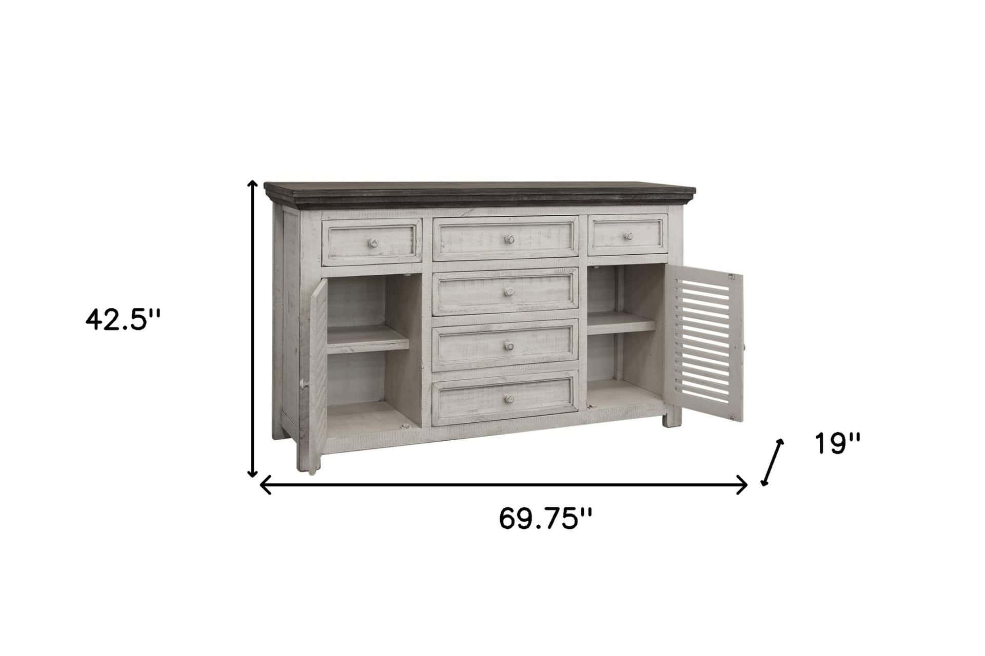 Distressed Antiqued White Buffet Table with Storage and Shelving - Cave ...