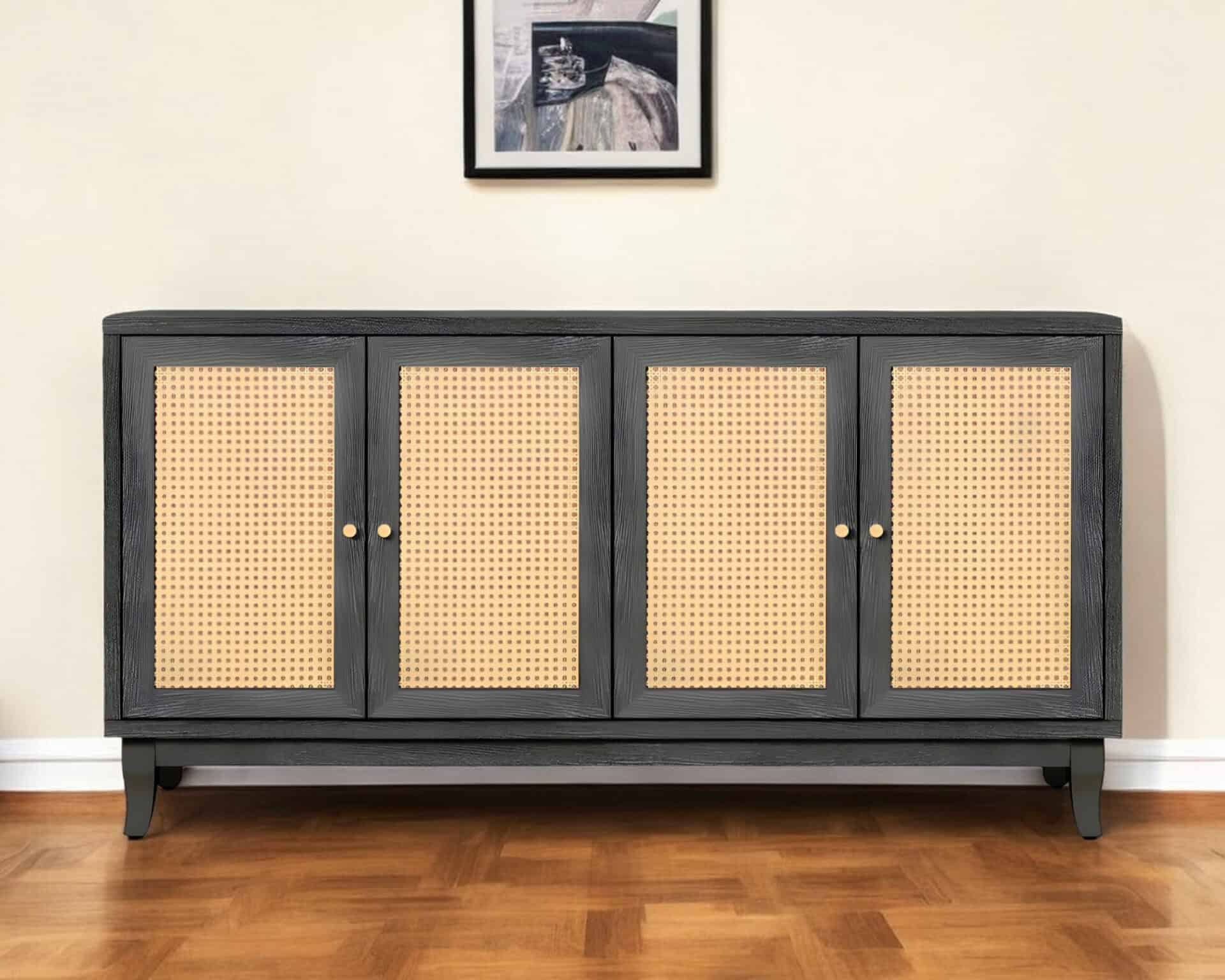 Charcoal and Natural Wood Rattan Sideboard with Four Doors - Cave Supplies