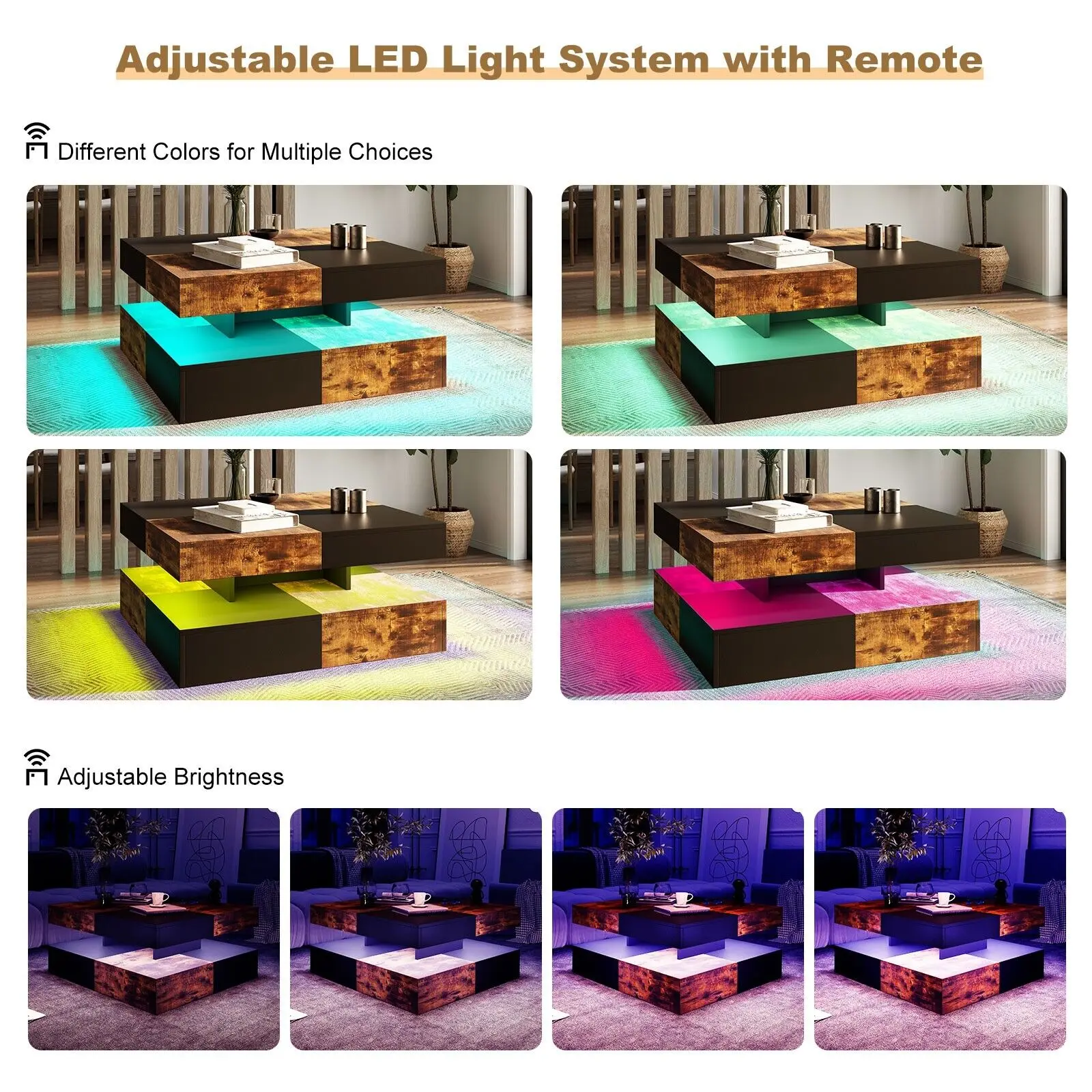 Rustic Brown LED Coffee Table - Cave Supplies