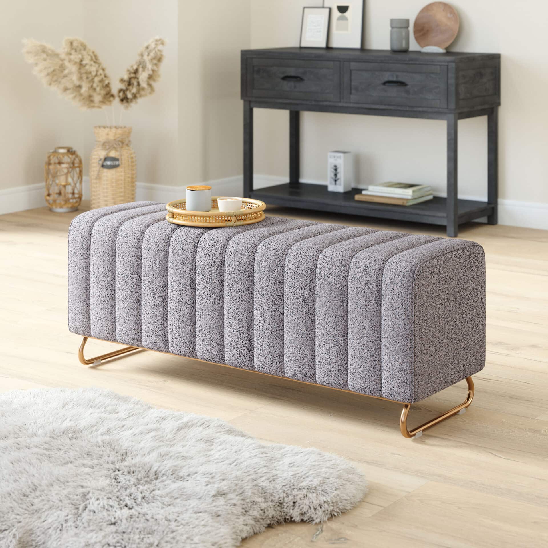 Velvet Tufted Bench with Steel Legs in Stone Gray - Cave Supplies