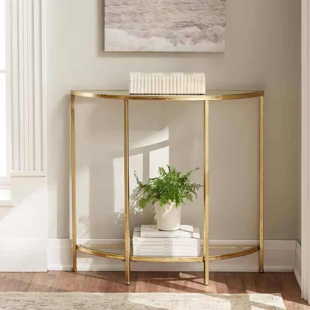 Gold Half-Circle Console Table with Glass Top and Shelf - Cave Supplies