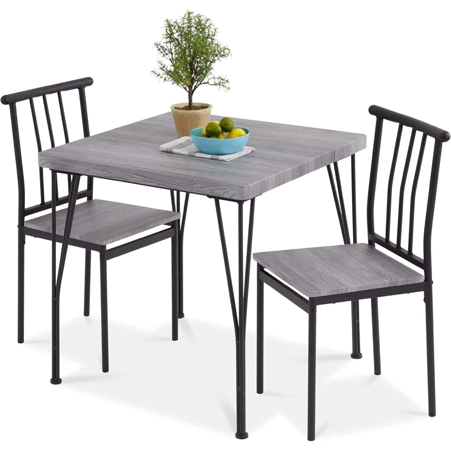 Modern Compact Metal Frame Dining Set with Grey Wood Table (3-Piece ...