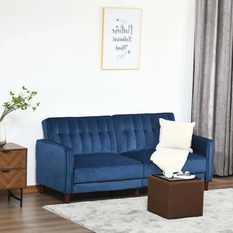 Mid-Century Modern Blue Velvet Futon Sleeper Sofa Bed - Cave Supplies