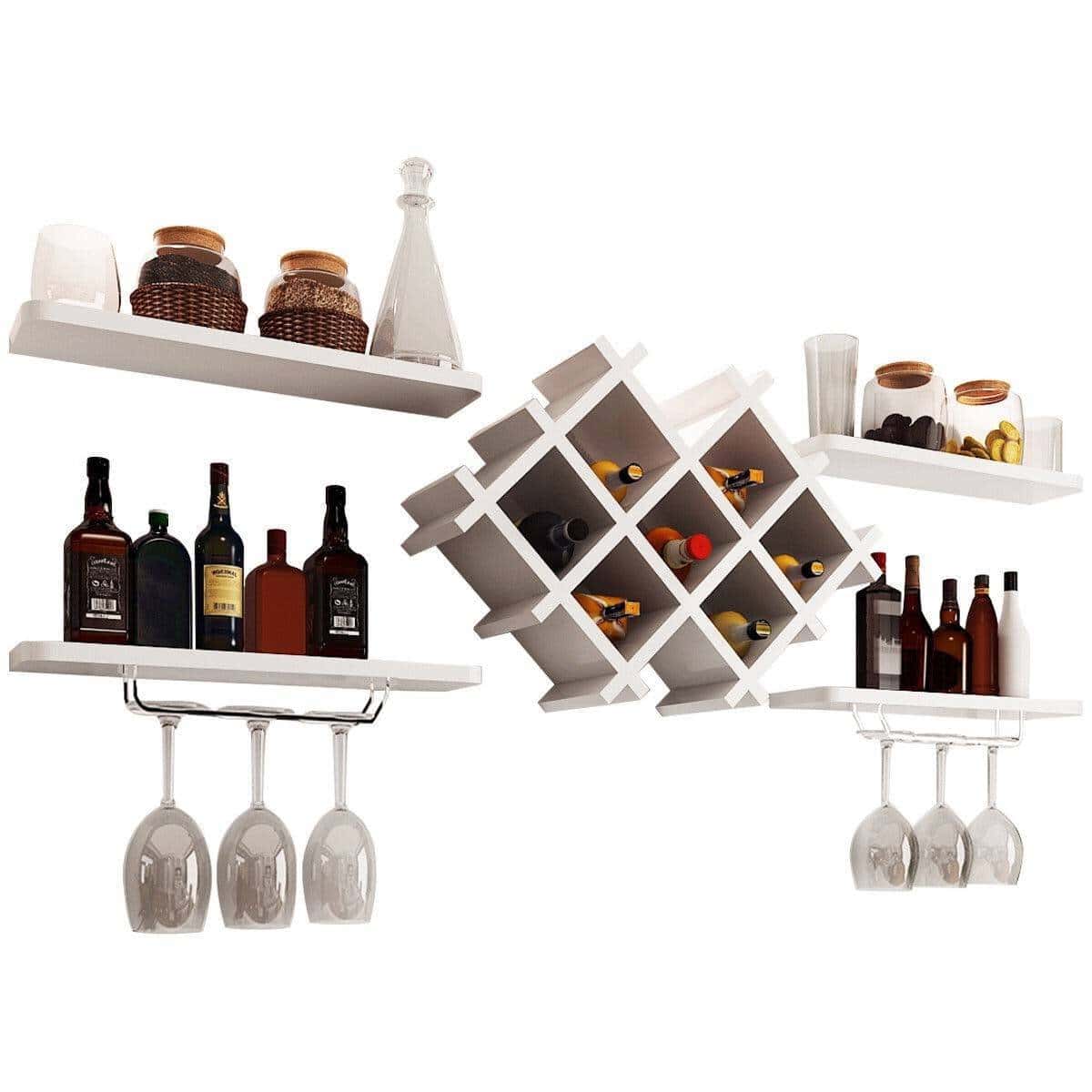 White Wall Mounted Wine Rack with Shelves and Glass Holders (5-Piece ...