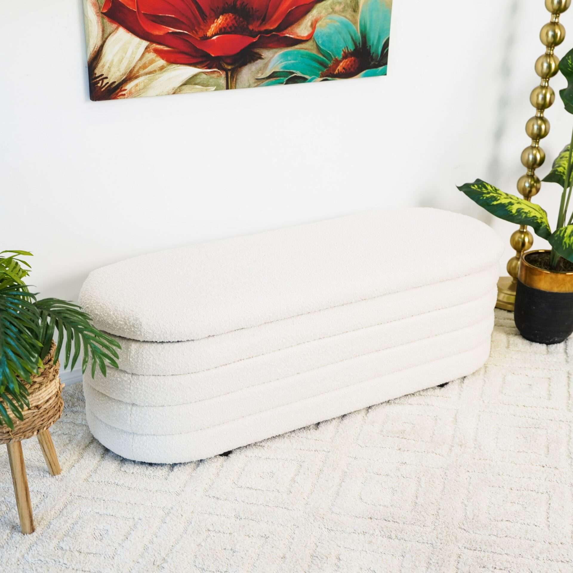 White Boucle Mid-Century Modern Storage Bench with Teak Frame - Cave ...