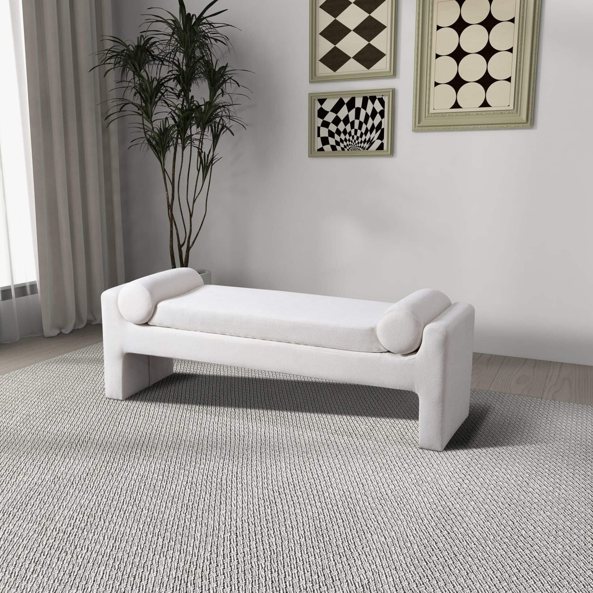 Modern White Boucle Bench with Japandi Mid-Century Design - Cave Supplies