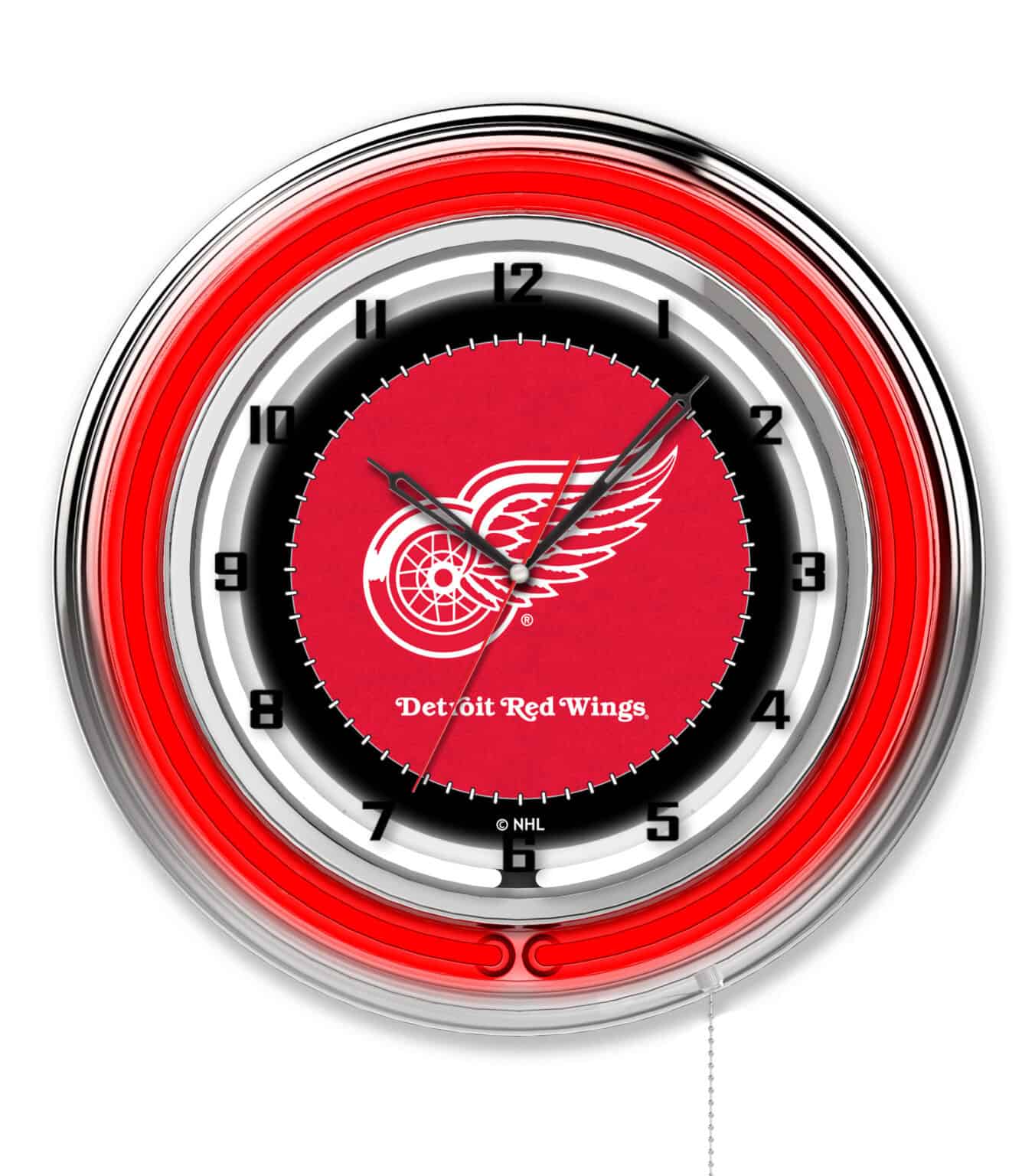 Detroit Red Wings 19-Inch Neon Logo Clock in Chrome - Cave Supplies
