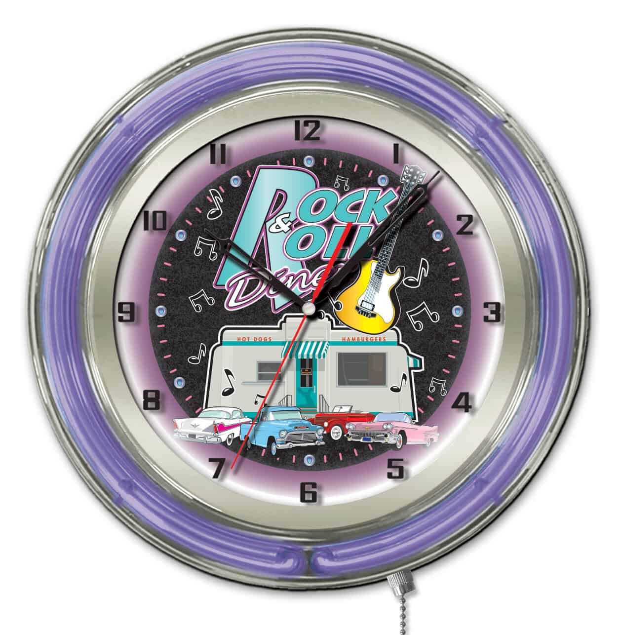Rock & Roll Diner 19-Inch Neon Logo Clock in Chrome - Cave Supplies