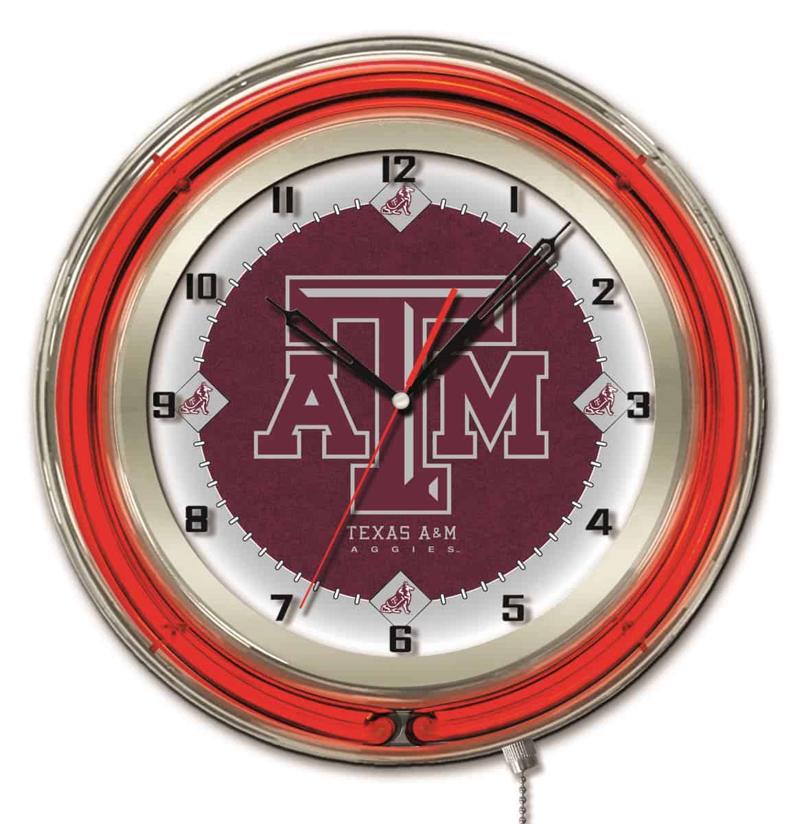 Texas A&M 19-Inch Neon Logo Clock in Chrome - Cave Supplies