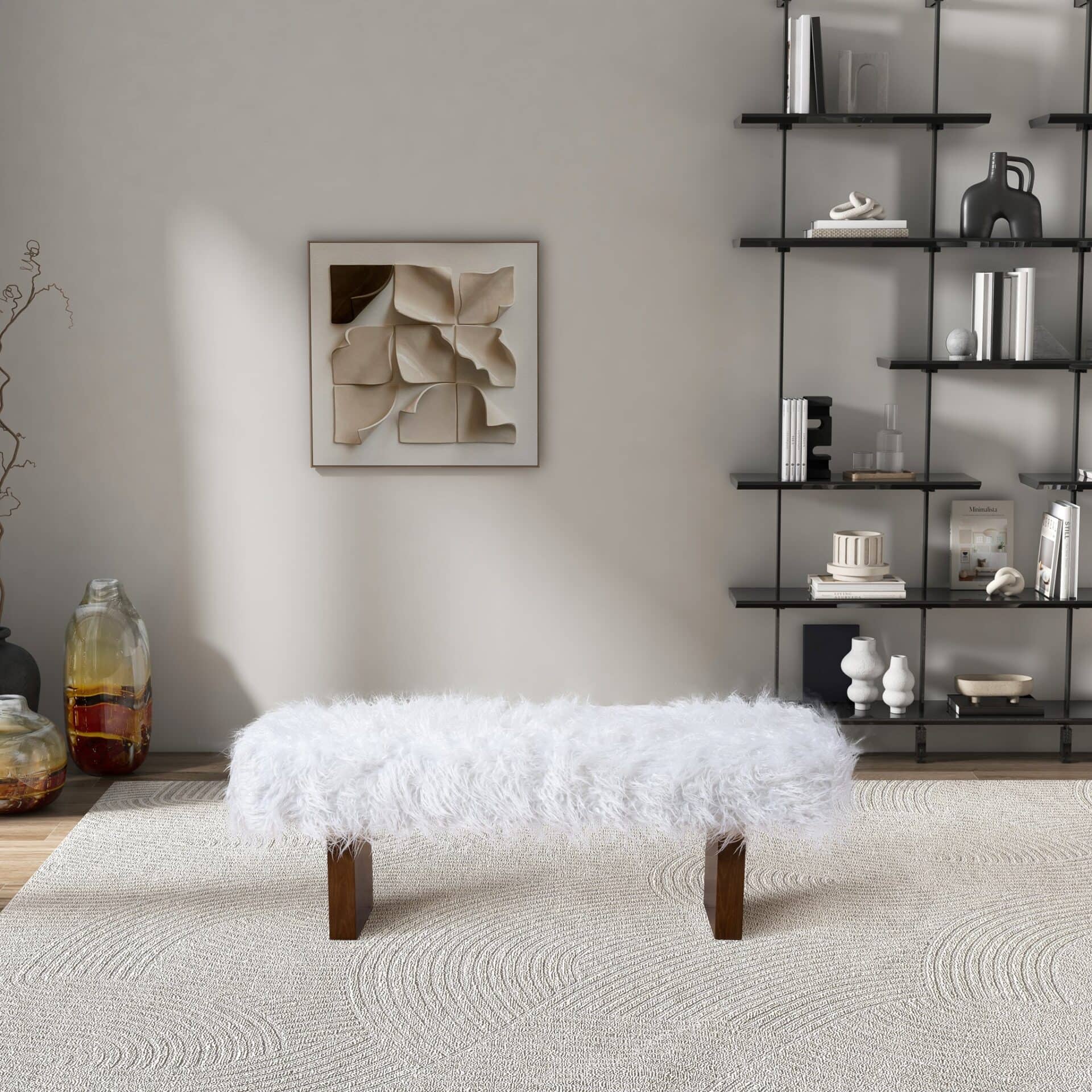 White Synthetic Fur Upholstered Bench with Walnut Frame - Cave Supplies