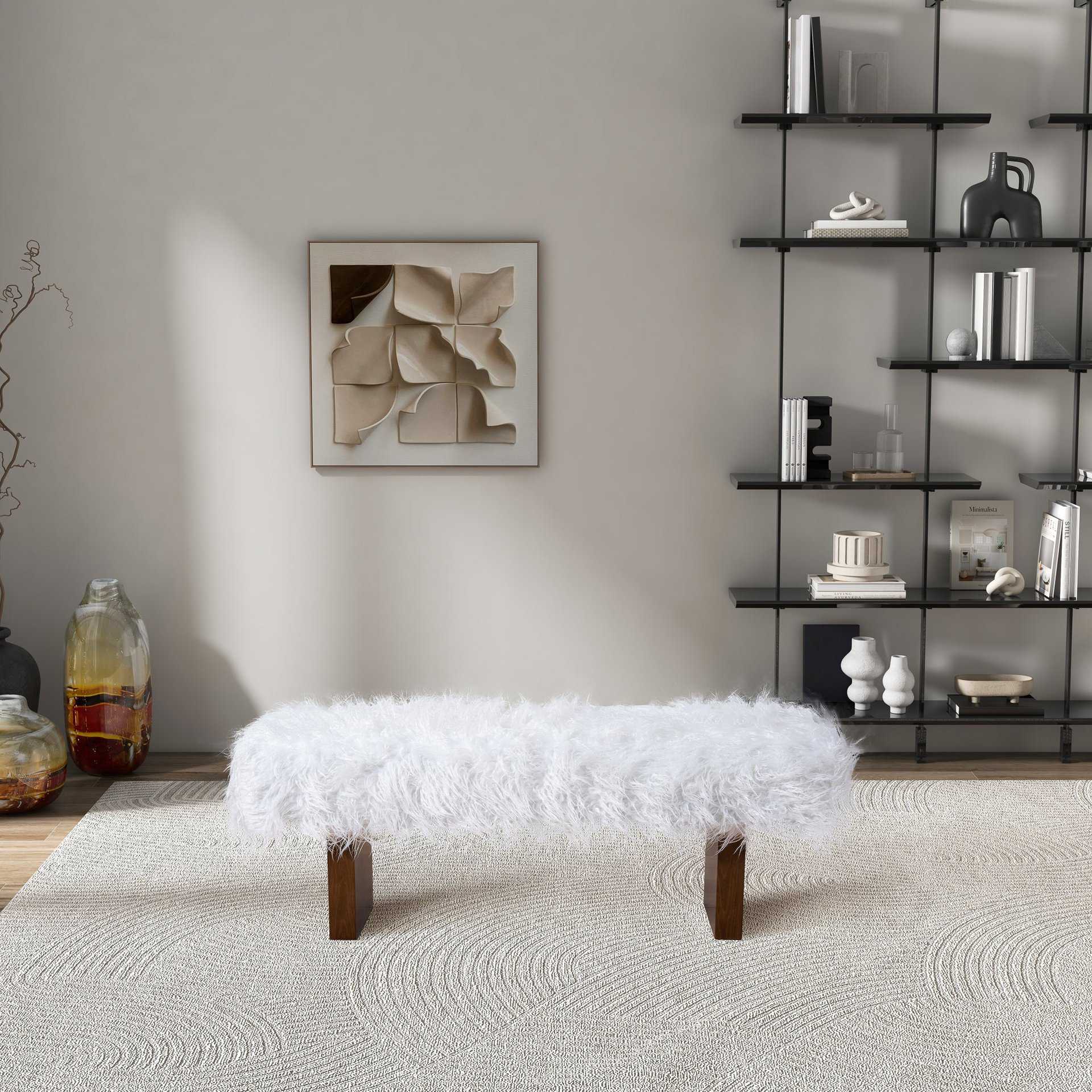 White Synthetic Fur Upholstered Bench with Walnut Frame - Cave Supplies