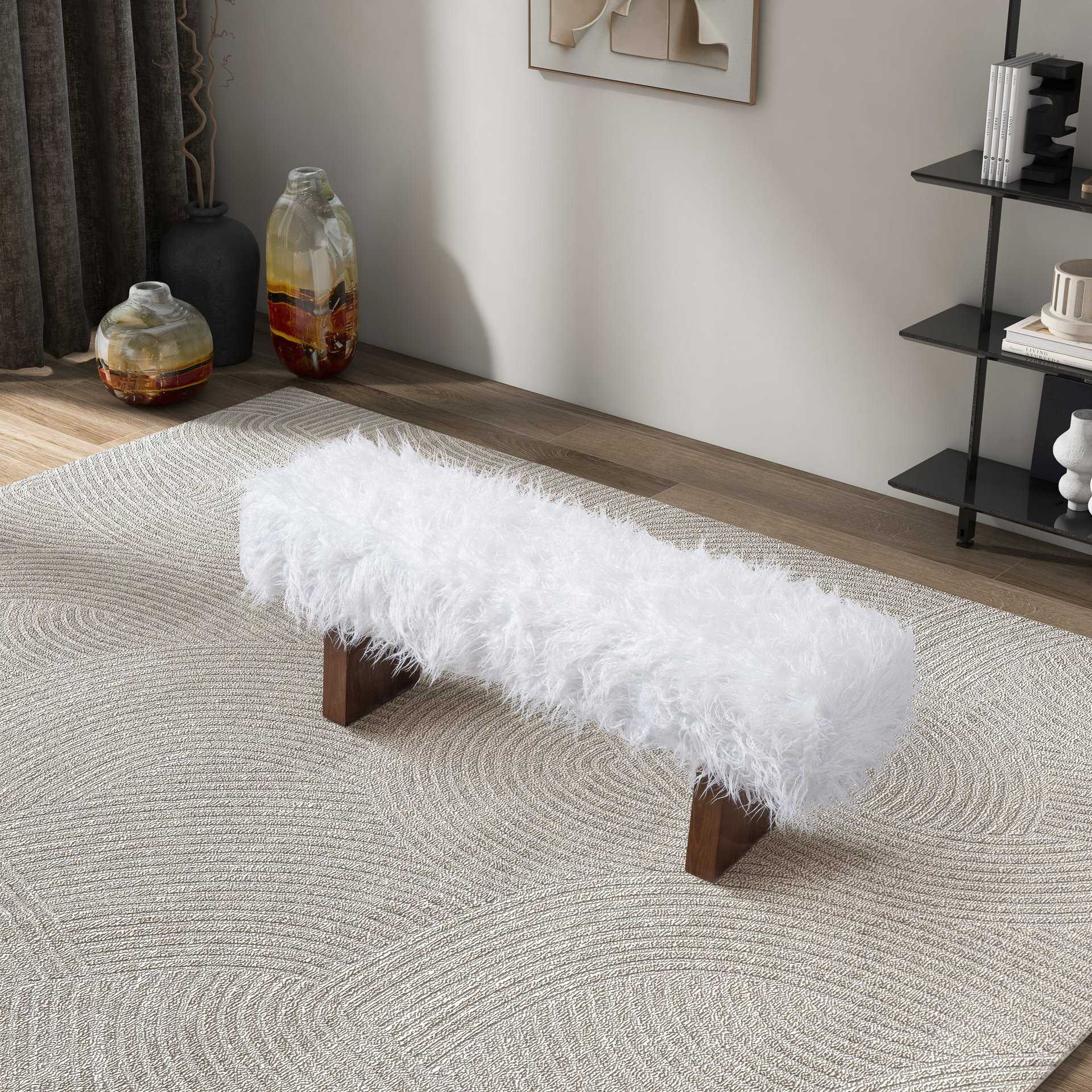 White Synthetic Fur Upholstered Bench with Walnut Frame - Cave Supplies