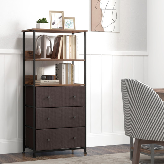 Rustic Brown 3-Drawer Fabric Storage Cabinet with Open Shelves - Cave ...