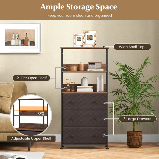 Rustic Brown 3-Drawer Fabric Storage Cabinet with Open Shelves - Cave ...
