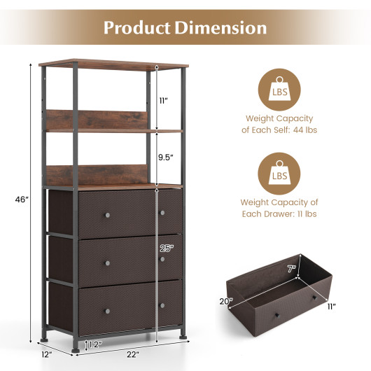 Rustic Brown 3-Drawer Fabric Storage Cabinet with Open Shelves - Cave ...