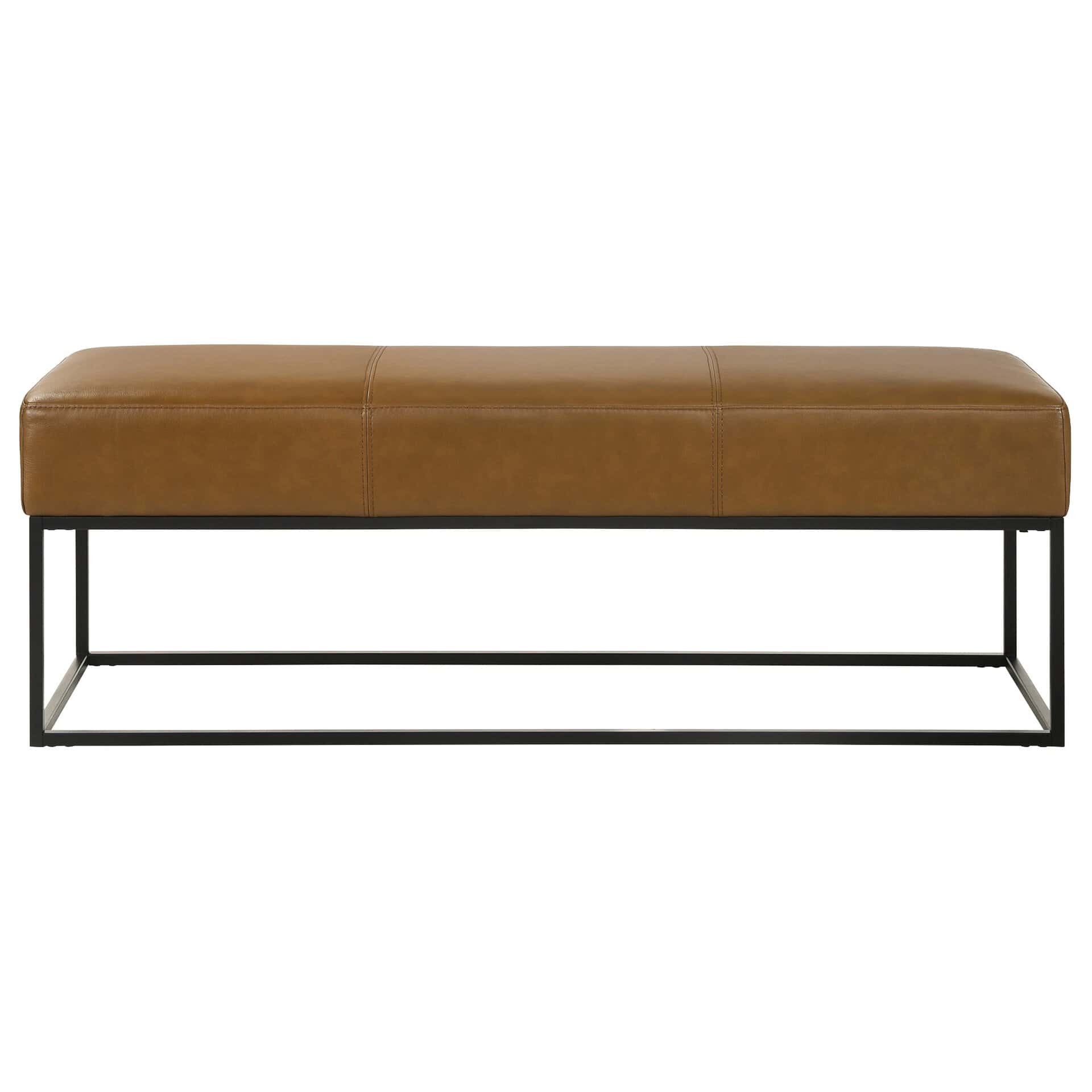 Mid-Century Modern Tan Leather Bench with Metal Frame - Cave Supplies