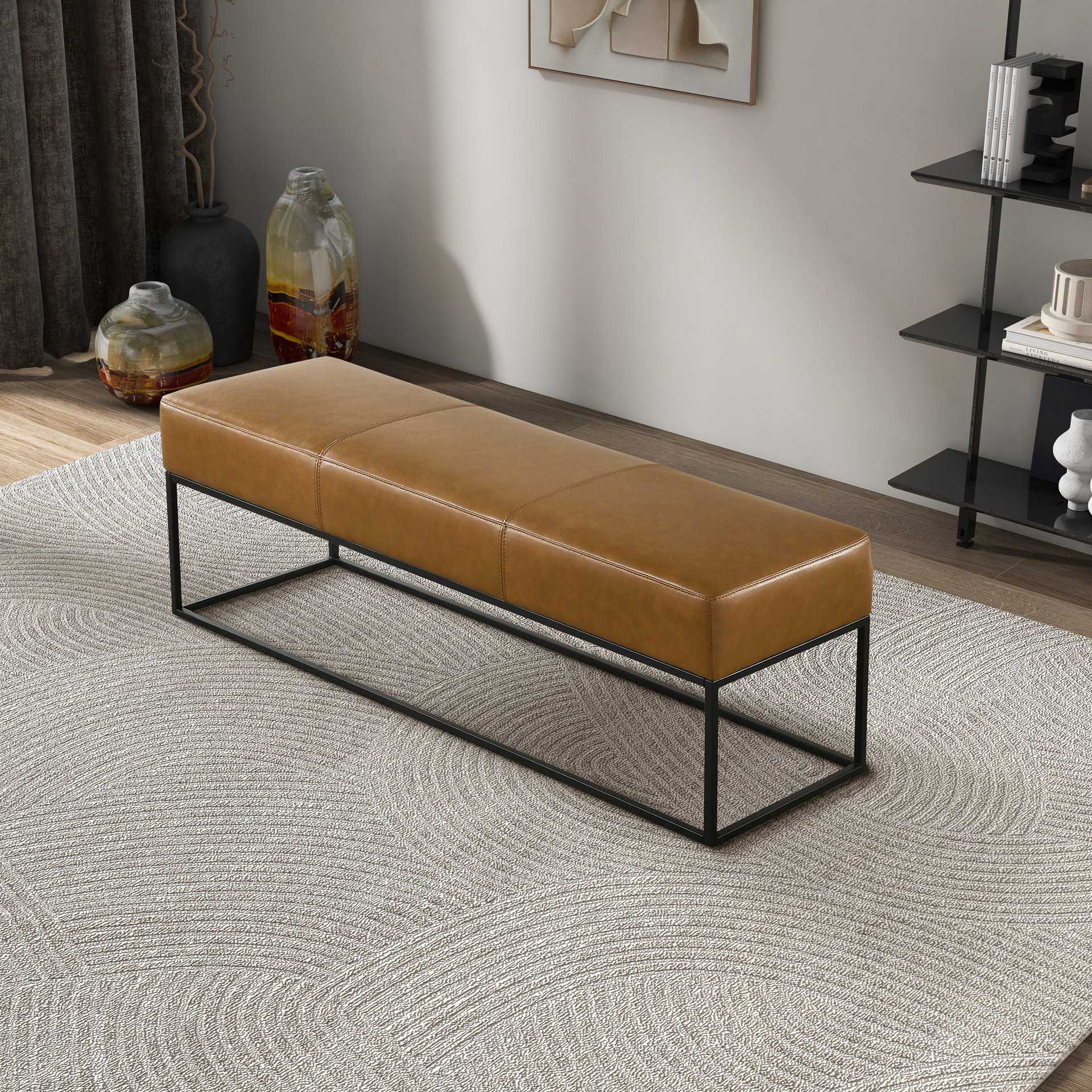 Mid-Century Modern Tan Leather Bench with Metal Frame - Cave Supplies